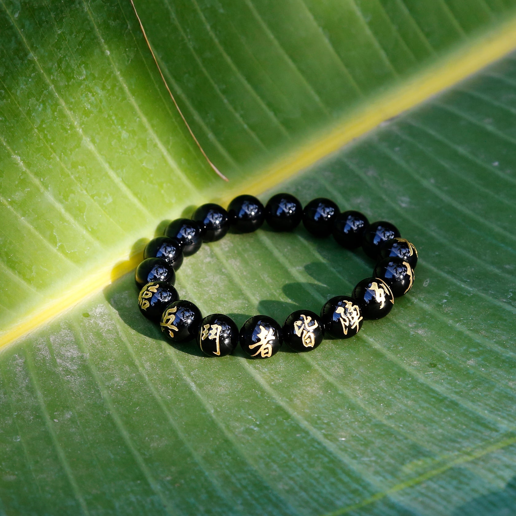 Ninja Kanji Black Onyx Bracelet for Men & Women, Japanese Samurai Bead